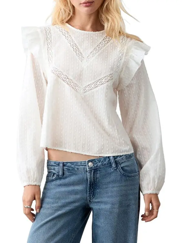 Mango Lace And Ruffle Detail Cotton Top - Off White