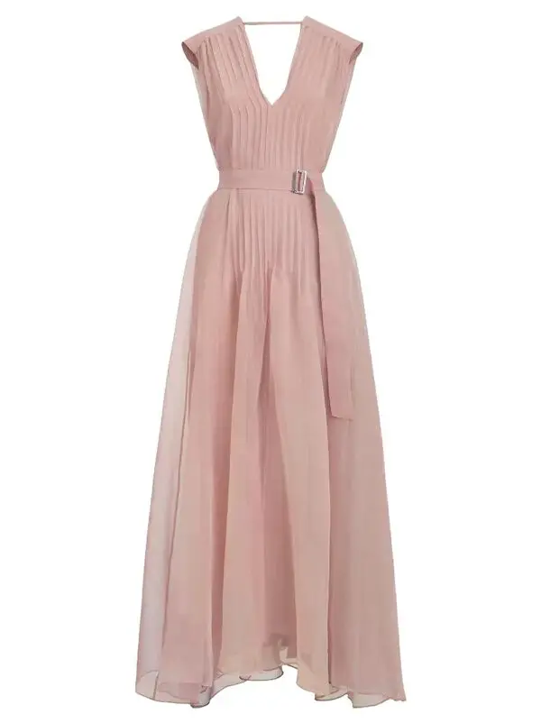 Brunello Cucinelli Belted Pleated Silk Maxi Dress - Pink