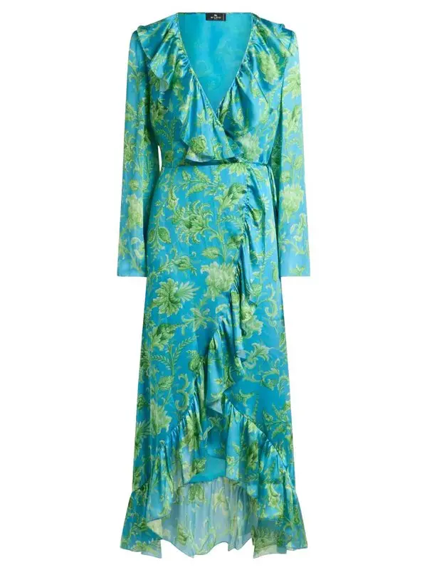 Etro Floral-print Wrap Dress With Ruffled Trims - Blue