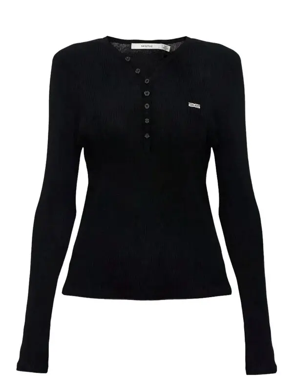 GESTUZ Buttoned Ribbed Top - Black