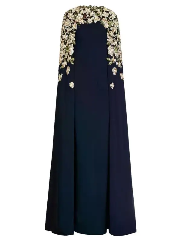 Oscar De La Renta Floral Sequin Embroidered Caftan - Blue