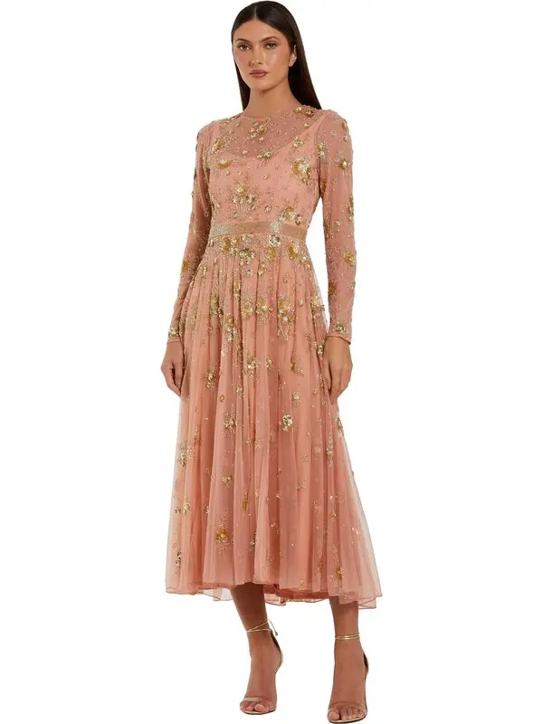 Mac Duggal Beaded Long Sleeve A-line Midi Dress - Peach