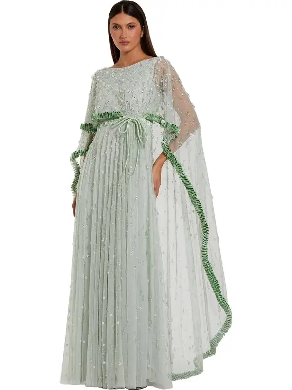 Mac Duggal Beaded Cape Sleeve Gown With Ruffle Trim - Jade
