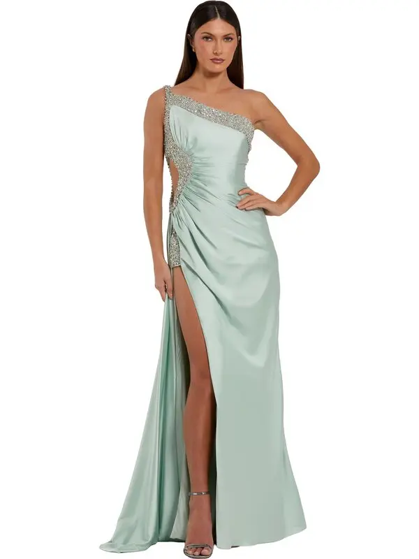 Mac Duggal Embellished One-shoulder Gown With Cut Out And Slit - Sage