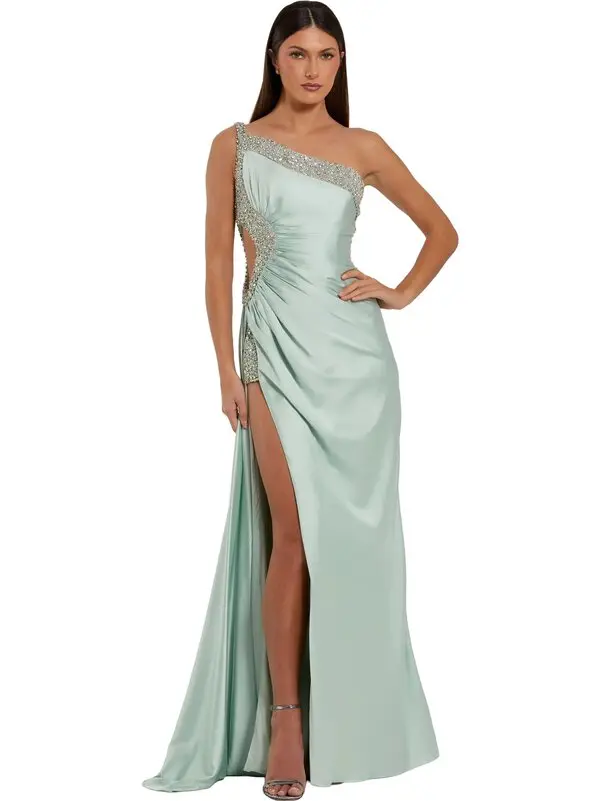 Mac Duggal Embellished One-shoulder Gown With Cut Out And Slit - Sage
