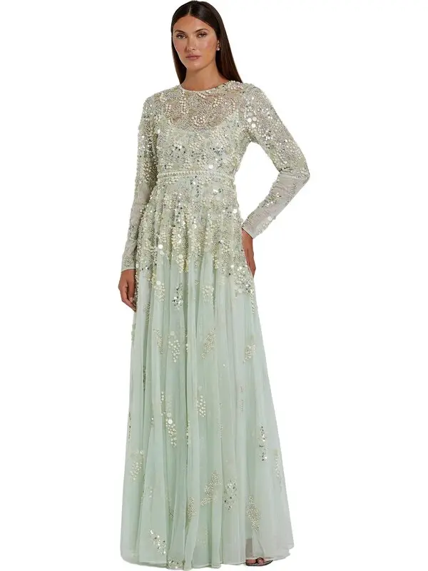Mac Duggal Sequin And Pearl Embellished A-line Gown - Sage