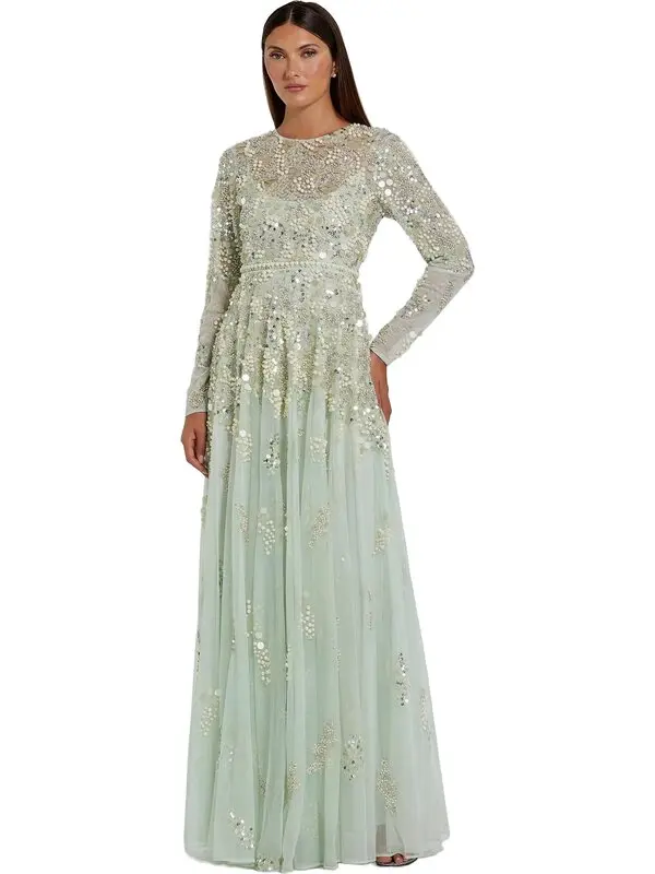 Mac Duggal Sequin And Pearl Embellished A-line Gown - Sage