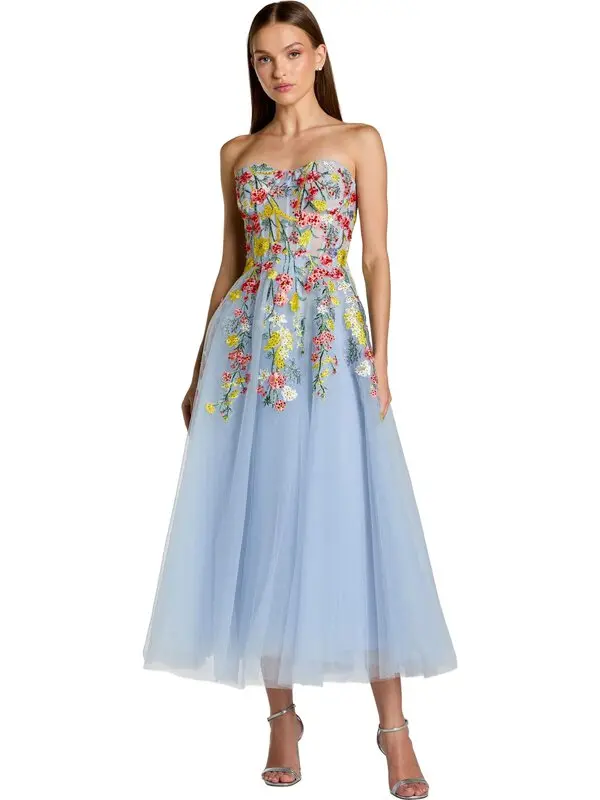 Mac Duggal Strapless Floral Embroidered A-line Midi Dress - Periwinkle Multi