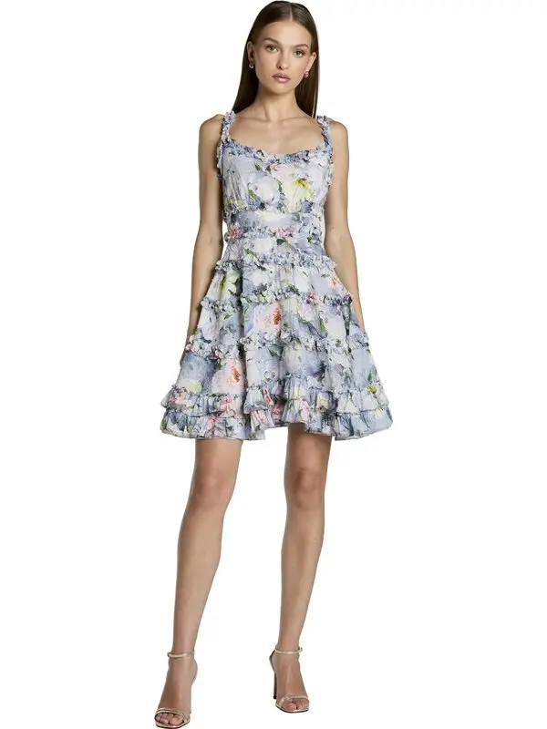 Mac Duggal Floral Ruffled Cotton Mini Dress - Blue
