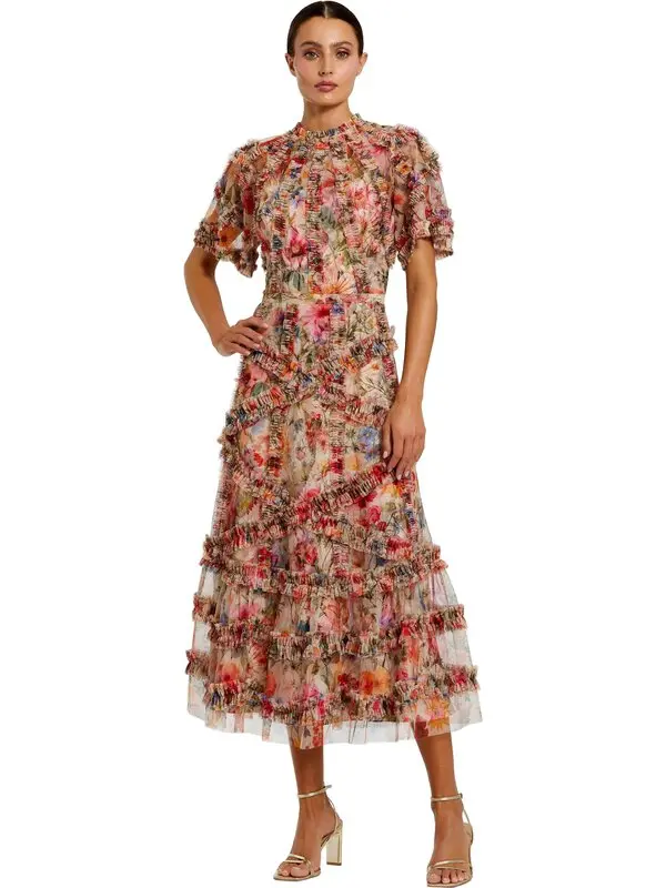 Mac Duggal Floral Midi Dress With Ruffle Detailing - Multicolor
