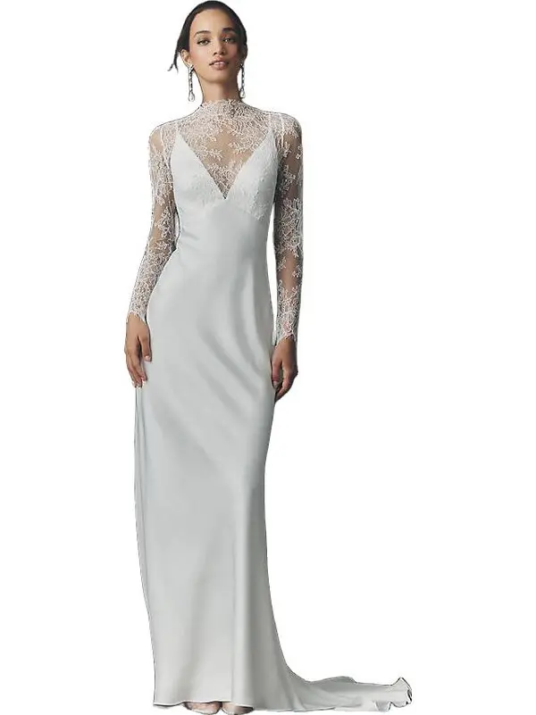 Jenny Yoo Iris Long-sleeve V-neck Satin Wedding Gown - Ivory