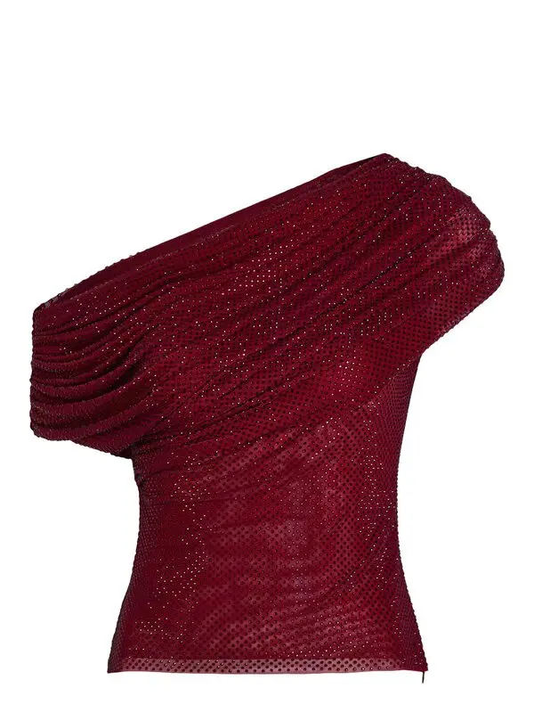 SELF-PORTRAIT Rhinestone-embellished Draped Stretch-mesh Top - Burgundy