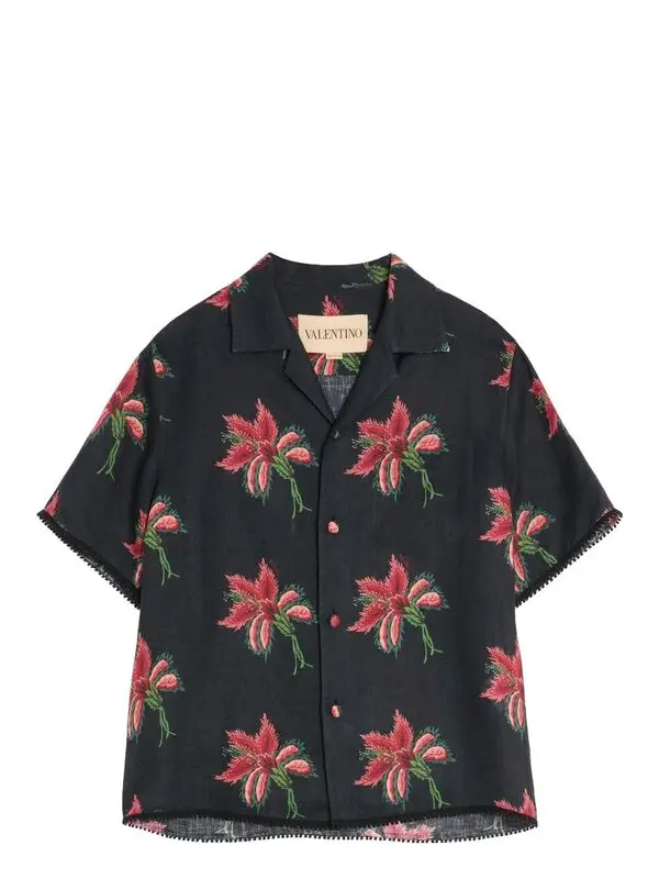 Valentino Garavani Linen Bowling Shirt With Papier Floral Print - Black/red