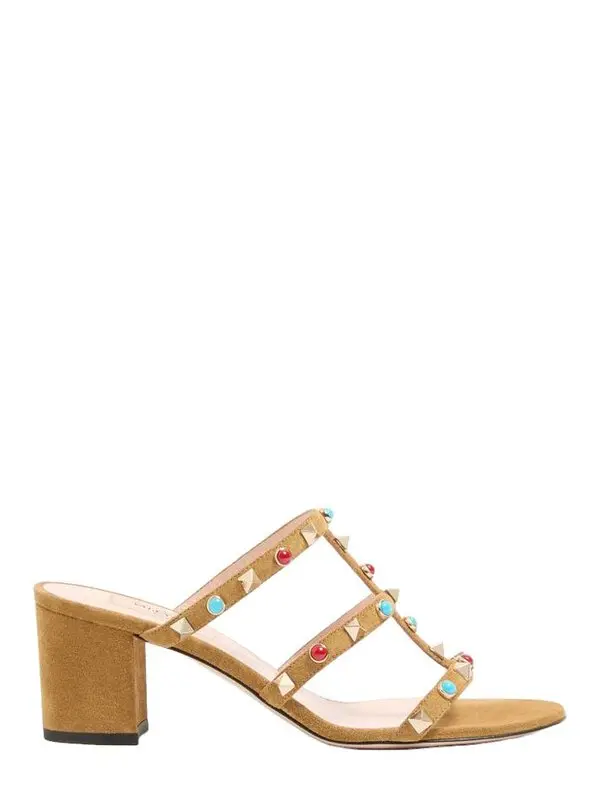 Valentino Garavani Rockstud Suede Slide Sandal With Cabochon Stones - Havana Beige