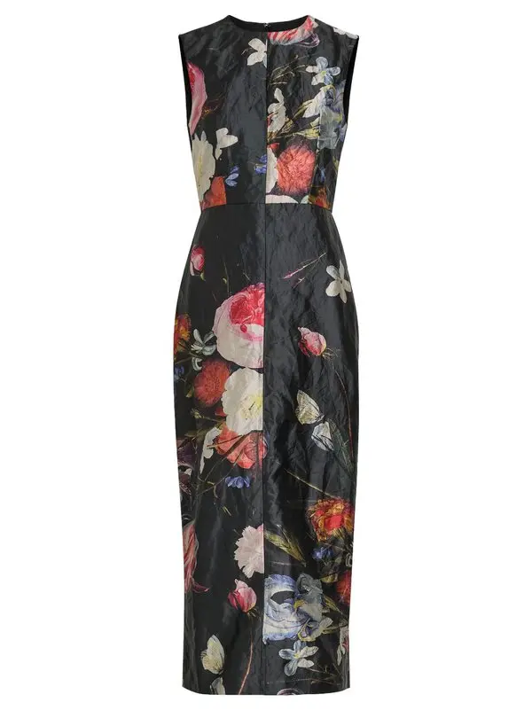 Erdem Floral-print Crinkled Satin Midi Cocktail Dress - Black