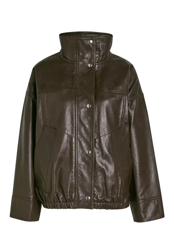 RÓHE High-neck Leather Jacket - Dark Brown
