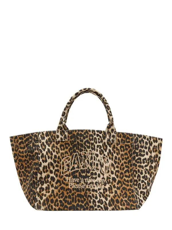 GANNI Printed Xxl Shopper Canvas Tote Bag - Leopard