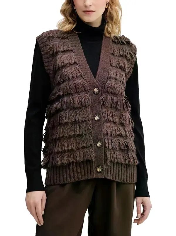 Sisley Fringed Sleeveless Cardigan - Brown