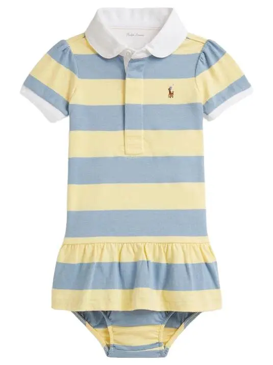 Ralph Lauren Rugby Stripe Cotton Jersey Dress And Bloomers Set - T-bird Yellow Multi