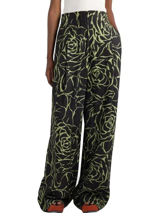 Dries Van Noten Pila Giant Couture Rose Print Pleated Wide Leg Twill Pants - Black