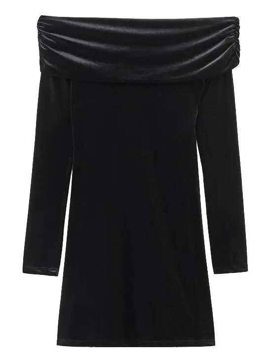 Mango Off-the-shoulder Long Sleeve Velvet Mini Dress - Black