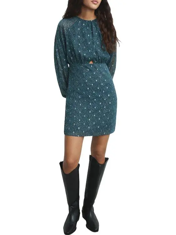 Mango Cutout Long Sleeve Clip Dot Chiffon Dress - Petrol Blue