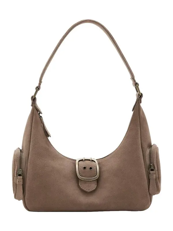 Mango Suede Buckle Handbag - Medium Brown