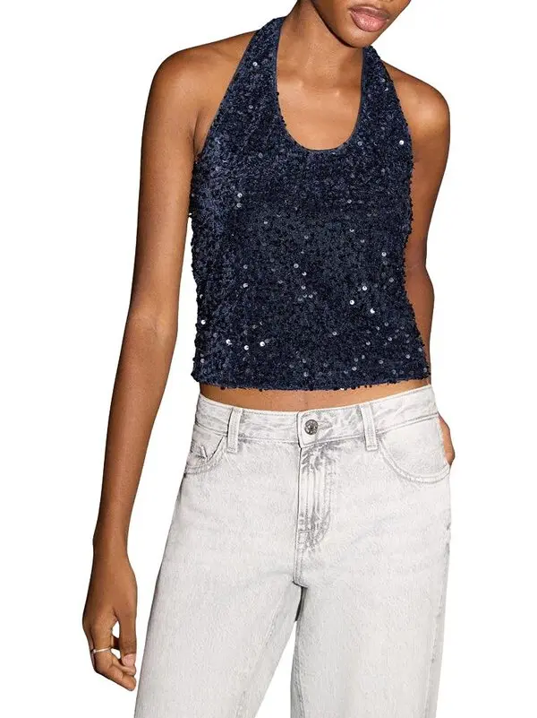 Mango Sequin Halter Crop Top - Navy