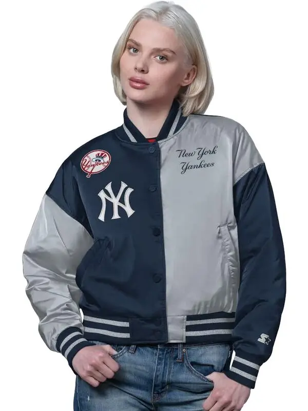 STARTER New York Yankees Offside Cropped Varsity Jacket - Navy