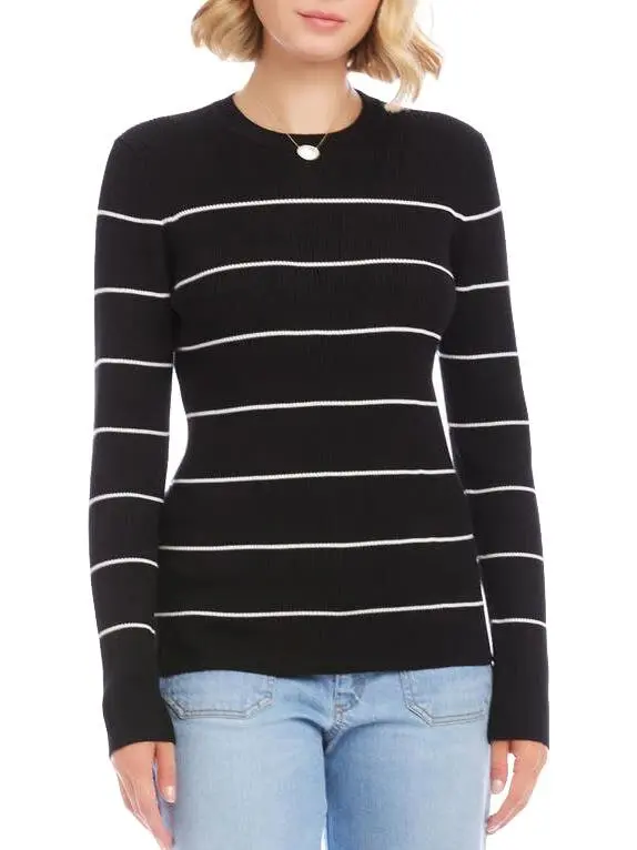 Karen Kane Stripe Ribbed Crewneck Sweater - Black/off White