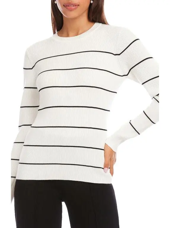 Karen Kane Stripe Ribbed Crewneck Sweater - Off White/black