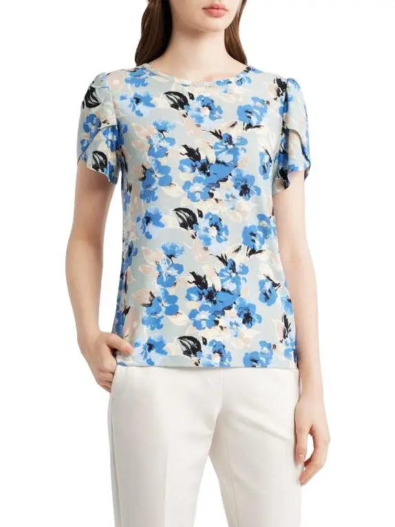 Anne Klein Floral Tulip Sleeve Top - Soft Aloe Multi