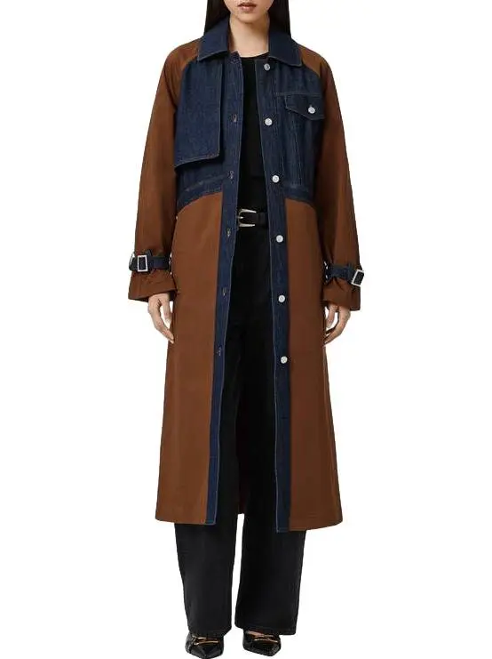 ALLSAINTS Dayly Tie-waist Trench Coat With Denim Accents - Cognac Brown
