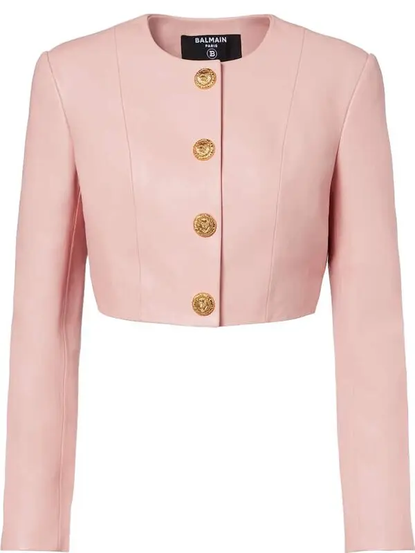 Balmain Cropped Lamb Leather Jacket - Pink