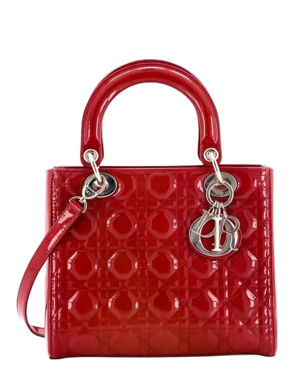 Dior Lady Bag Cannage Quilt Patent Medium Satchel - Red