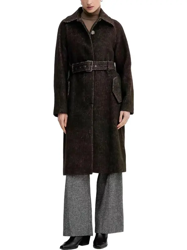 Sisley Belted Herringbone Coat - Brown
