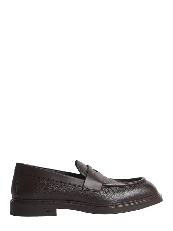 Emporio Armani Grained Leather Loafers With Eagle Detail - Brown