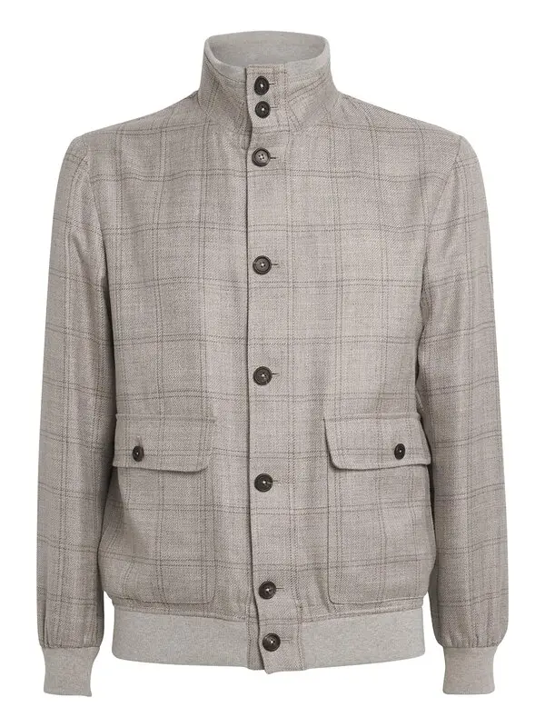 FIORONI CASHMERE Wool-blend Check Bomber Jacket - Beige
