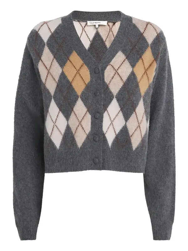FRAME Merino Wool-cashmere Argyle Cardigan - Grey