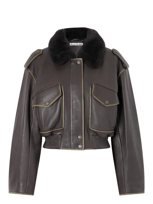 Acne Studios Shearling Collar Leather Bomber Jacket - Brown