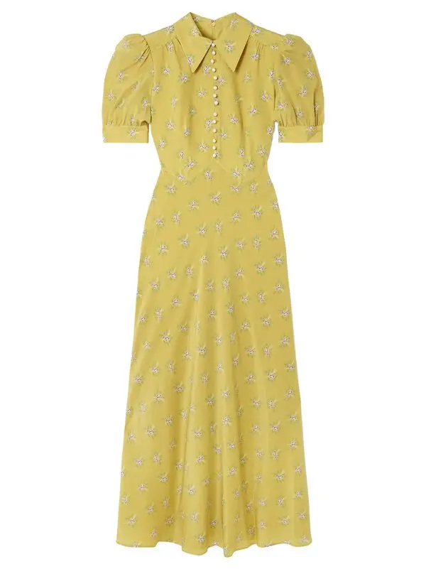 Alessandra Rich Faux Pearl-embellished Floral-print Silk Crepe De Chine Midi Dress - Yellow