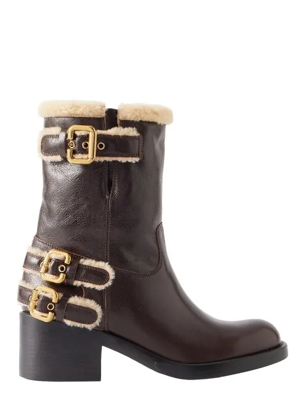 Chloé Dakota Buckled Shearling-trimmed Leather Ankle Boots - Brown