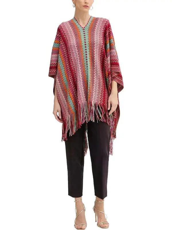 Missoni Chevron Fringed Poncho - Red