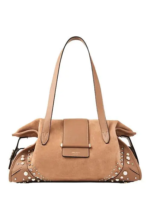 JIMMY CHOO Stud-embellished Suede Shoulder Bag - Toffee/ivory/shiny G