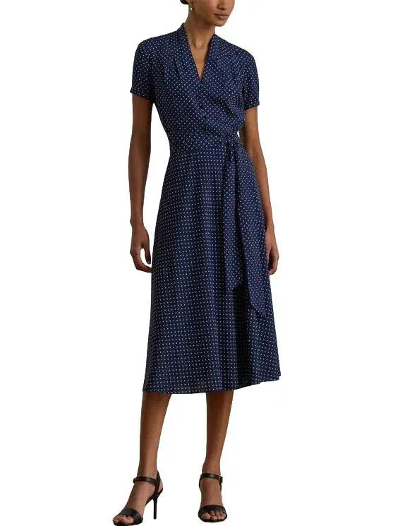 Ralph Lauren Micro Dot Crêpe De Chine Midi Dress - Navy Blue/white