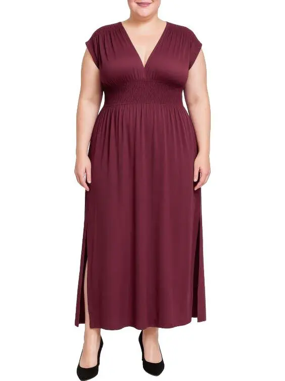 STANDARDS & PRACTICES V-neck Smocked Waist Midi Dress - Burgundy