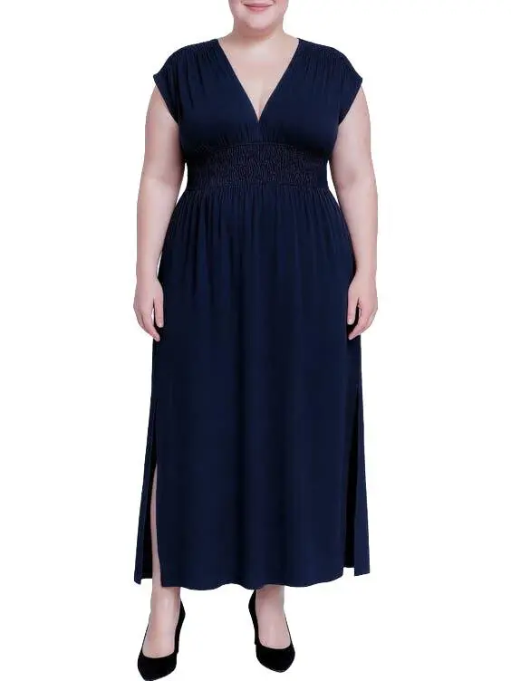 STANDARDS & PRACTICES V-neck Smocked Waist Midi Dress - Navy