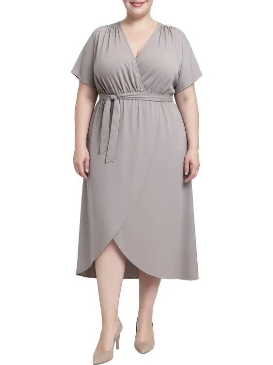 STANDARDS & PRACTICES Tie Front Faux Wrap Midi Dress - Grey