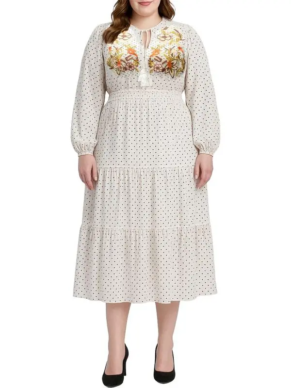 STANDARDS & PRACTICES Polka Dot Long Sleeve Midi Dress - White