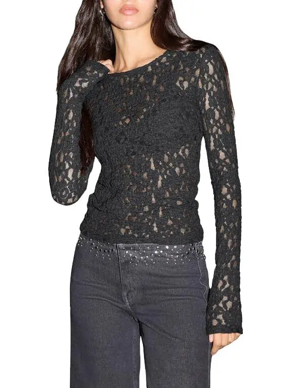 Mango Long Sleeve Lace T-shirt - Black